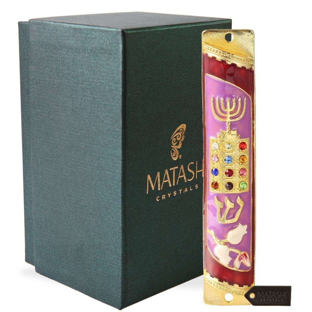 Matashi Hand Painted Enamel Mezuzah Embellished w/ a Menorah and Priestly with Gold Accents and ...