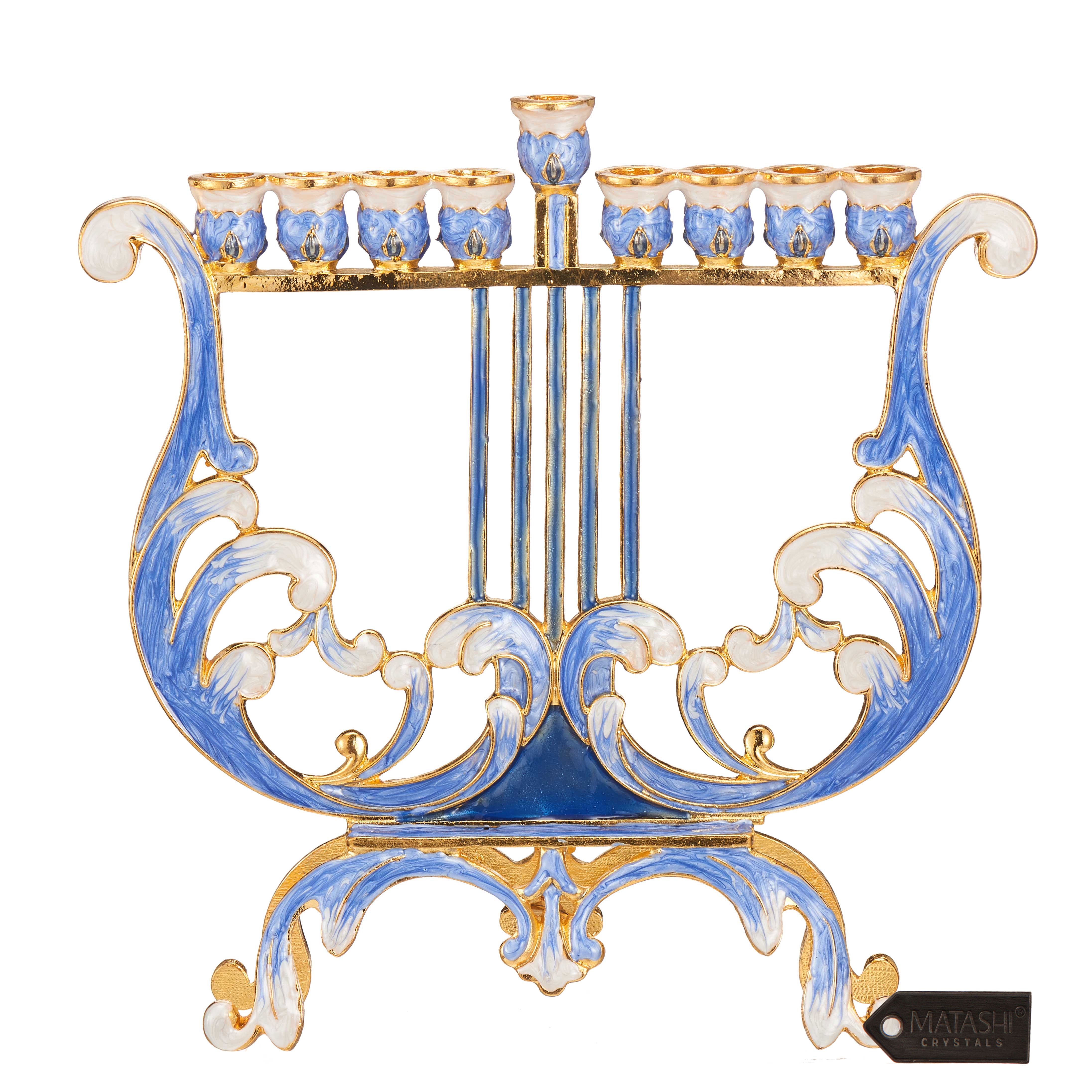 Matashi Hand Painted Blue and Ivory Harp Menorah, Jewish Hanukkah ...