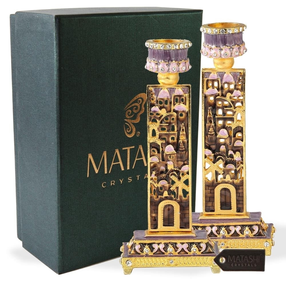 Matashi Shabbat Candlestick Holder, Gold-Plated Pewter, Hand-Painted ...