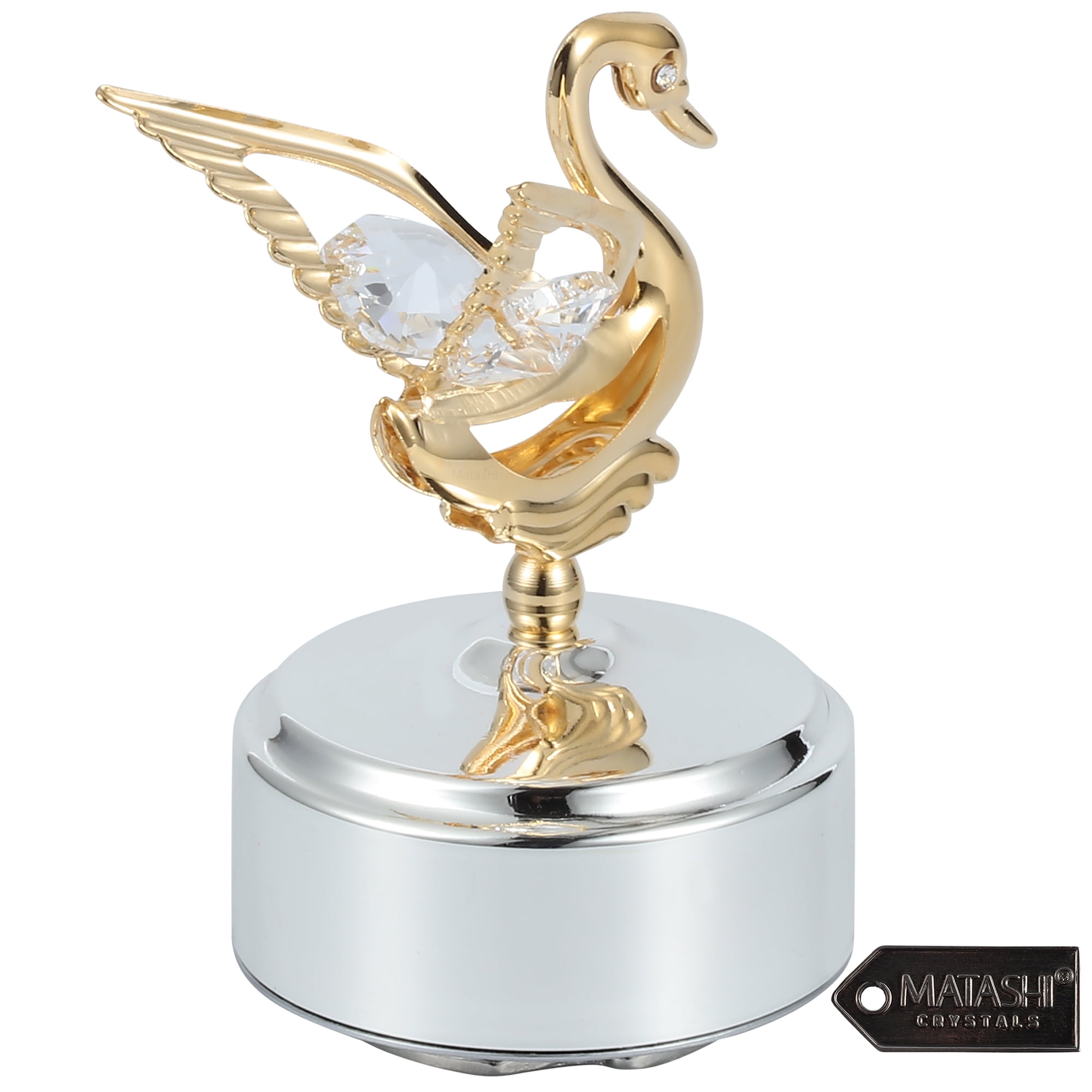 Matashi Silver Plated Music Box w/ Crystal Studded 24K Gold Plated Swan ...