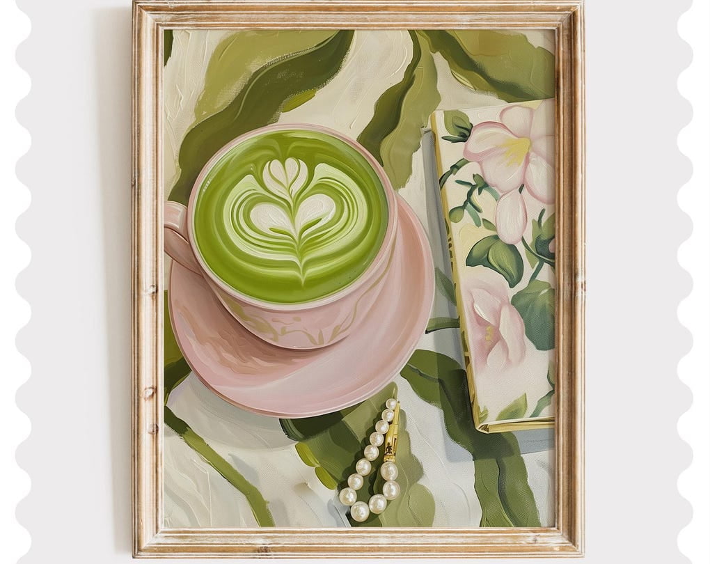 Matcha Latte Print – Coquette Matcha Art With Pearls, Pink Cup And ...