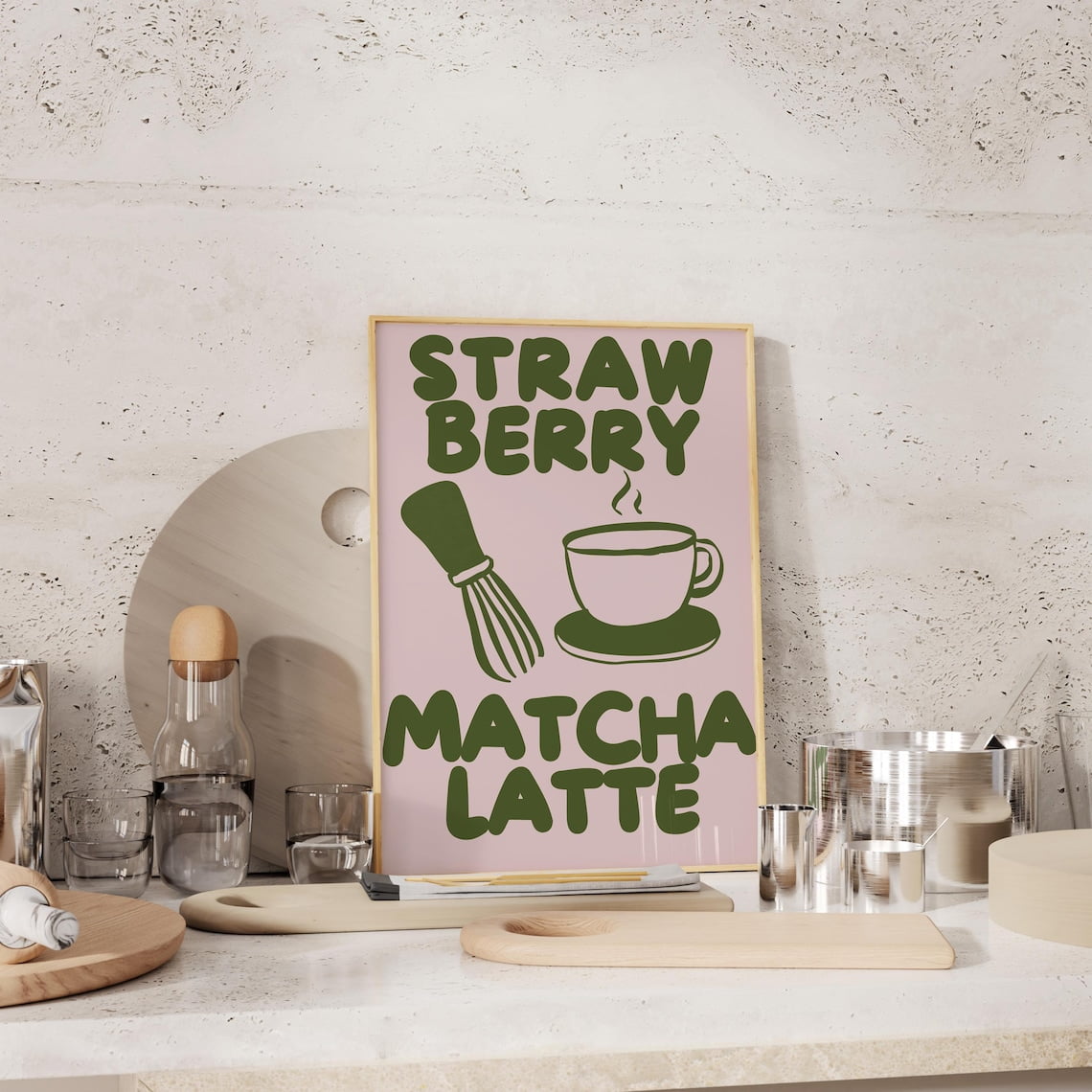 Matcha Latte Print, Cute Kitchen Wall Art Strawberry Matcha Poster ...