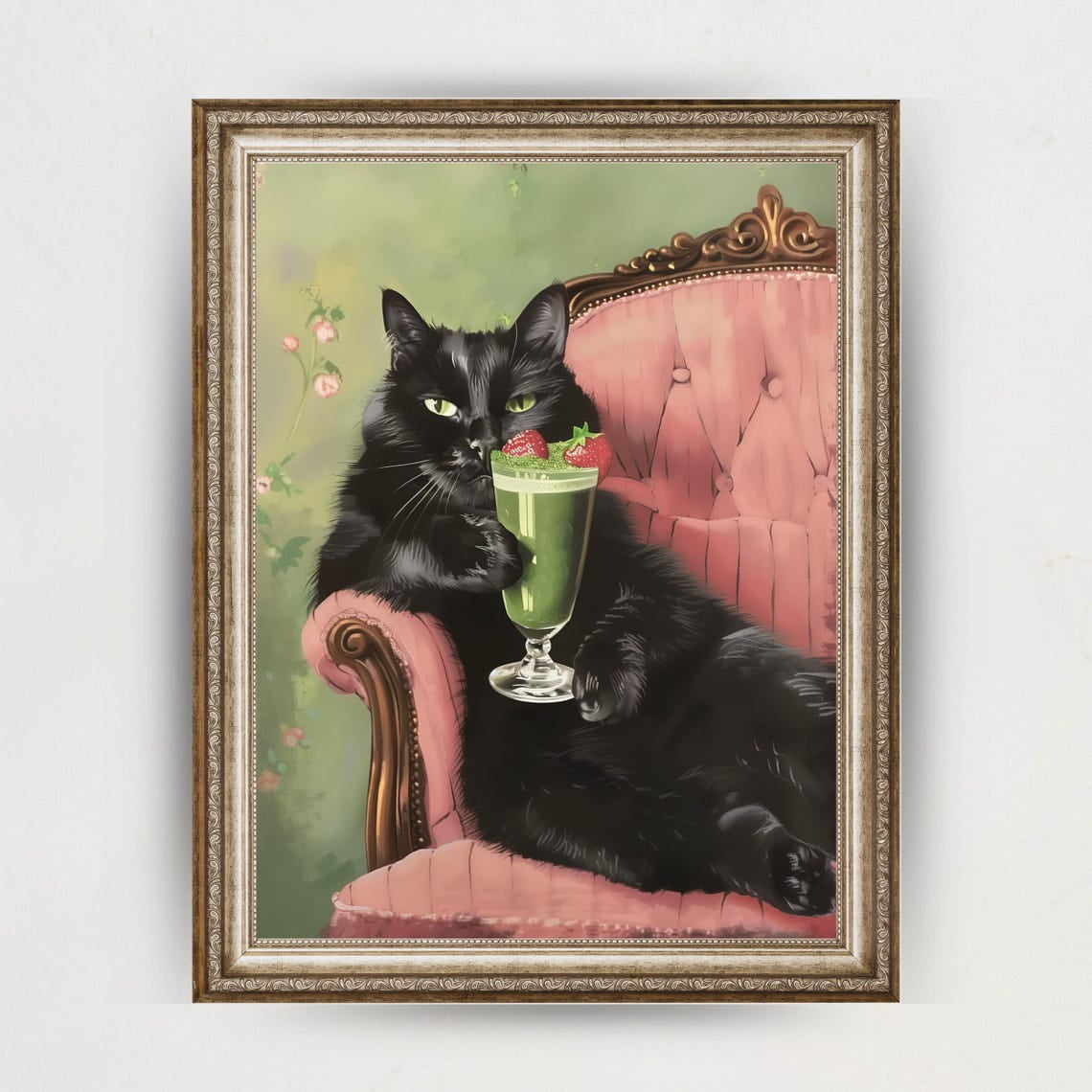 Matcha Print, Chic Black Cat With Matcha Latte Art Print Home Decor ...