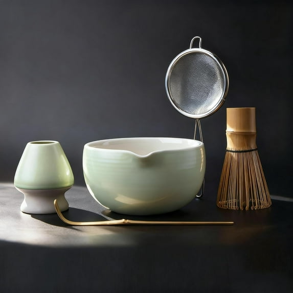 Matcha Whisk Set Kit, 5-PC Ceramic Matcha Bowl with Spout & Holder ...
