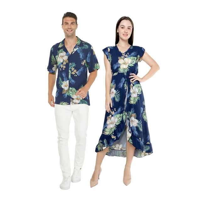Matchable Couple Hawaiian Luau Wrap Ruffle Dress In Pineapple Garden