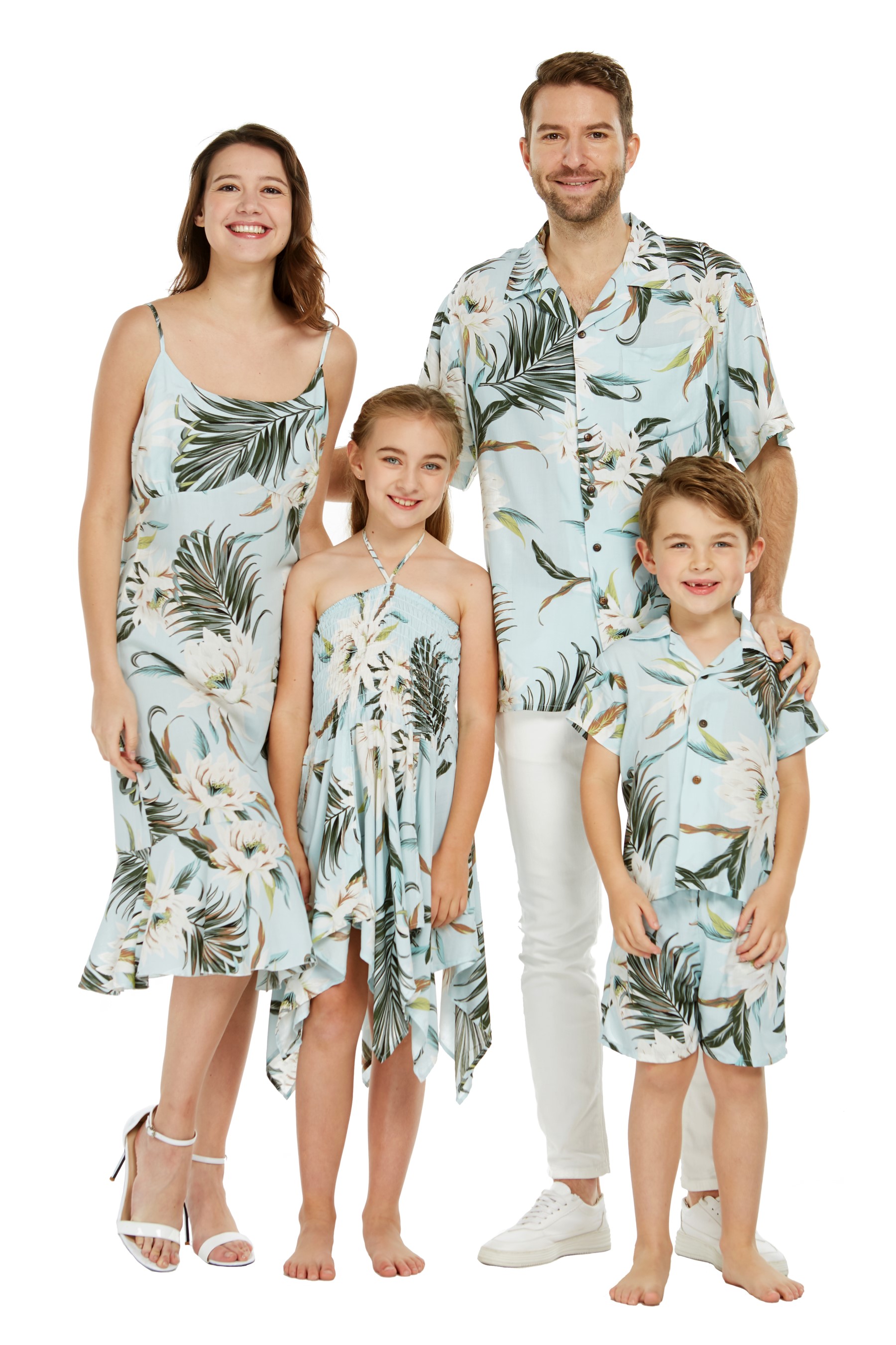 Matchable Family Hawaiian Luau Tie Front Shirt, Wispy Cereus Light Blue ...