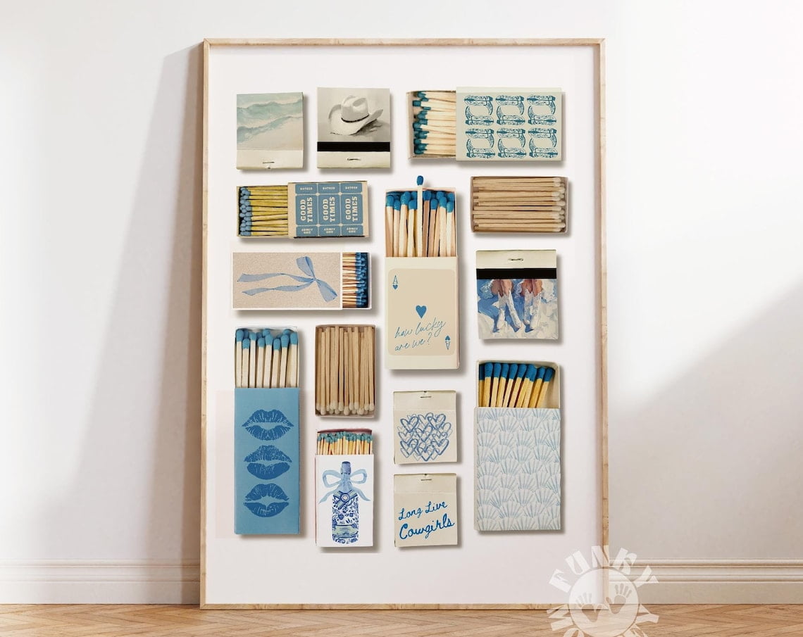 Matchbox Art Print, Blue Coastal Cowgirl Matches Poster, Trendy Vintage ...
