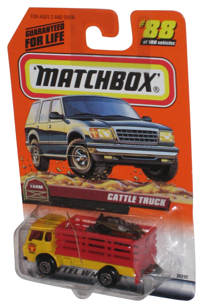 Matchbox Farm (1998) Yellow & Red Cattle Truck Toy w/ Mini Black Cows ...