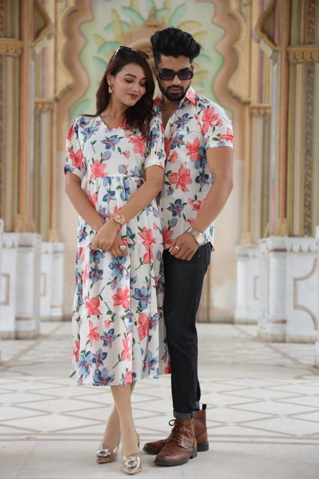 Matching Couple Outfit – White Floral Cotton Shirt & Dress Set for Men ...
