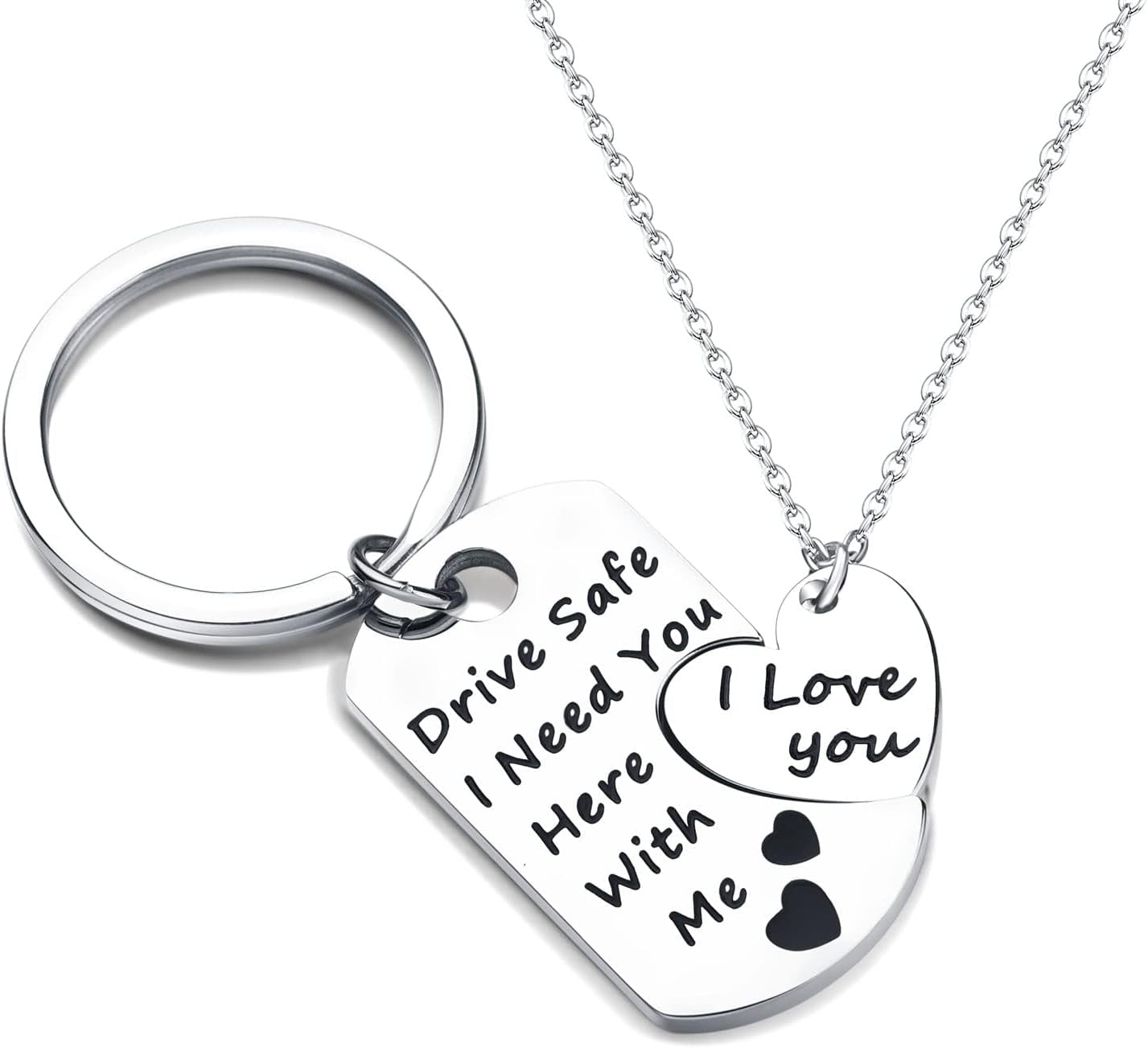 Matching Keychain and Necklace Set I Love You Couples Gifts for Boyfriend Girlfriend Wife Husband Drive Safe Set 2 Drive Safe Set 1