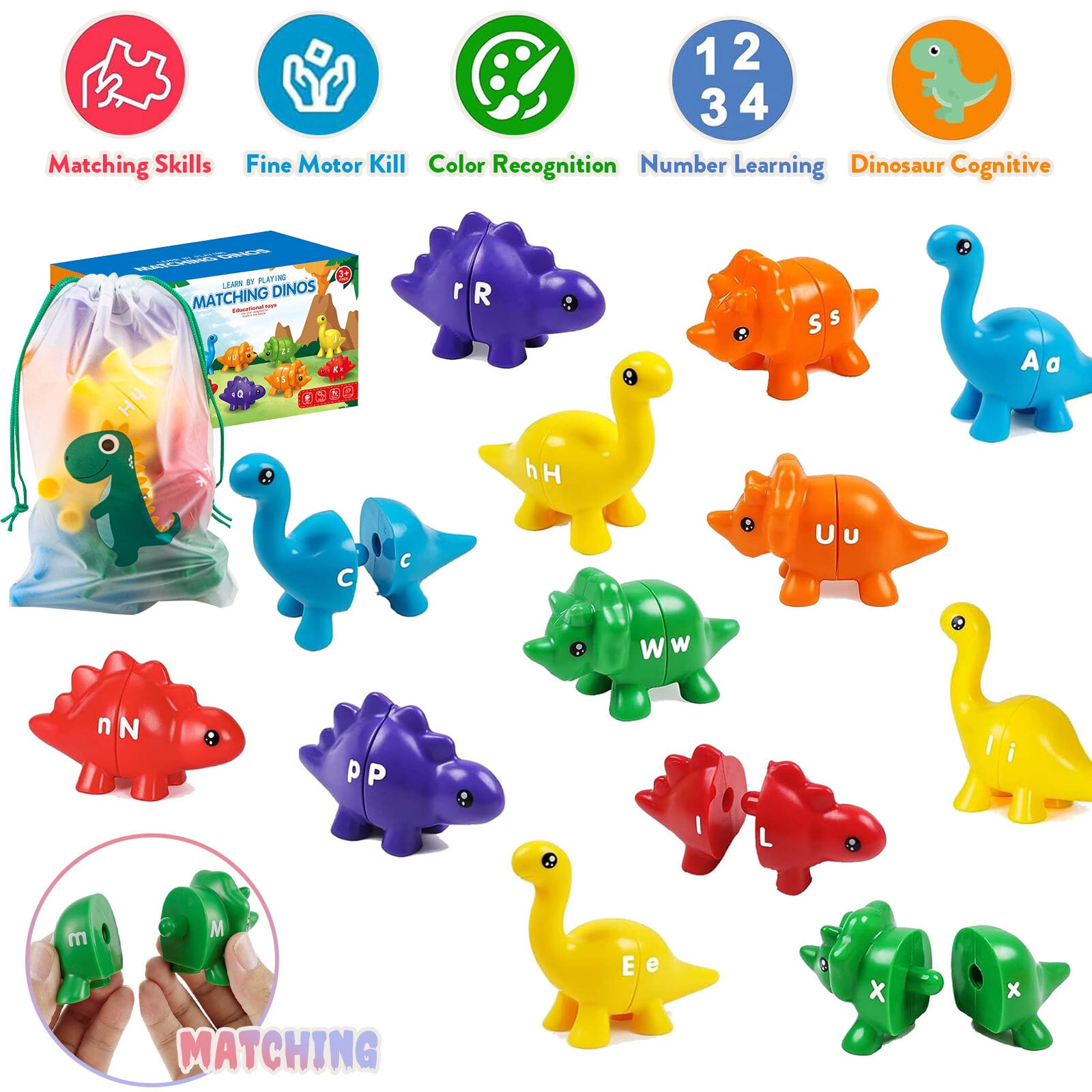 Matching Letters Fine Motor Toy, 13 PCS Double-Sided ABC Dinosaur ...