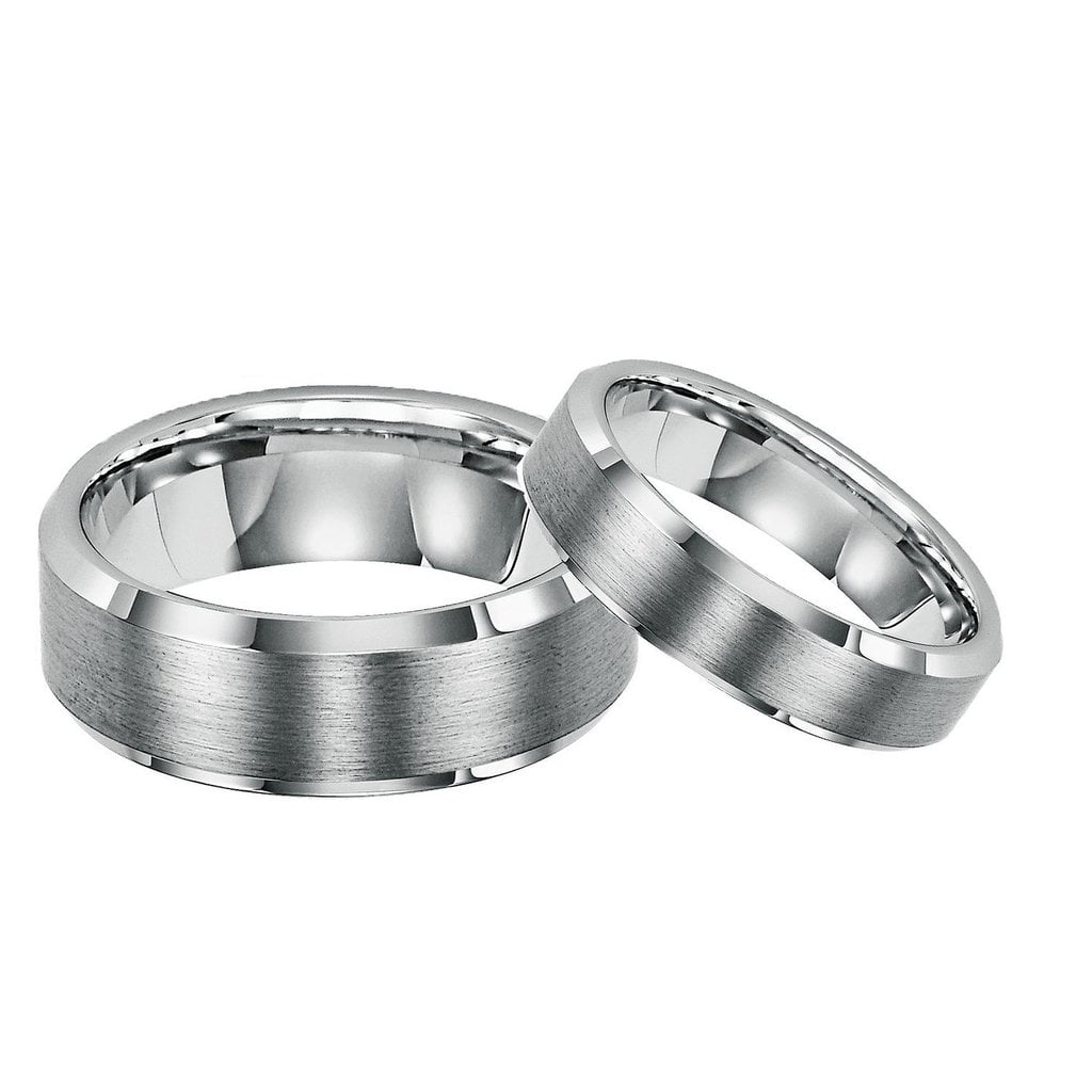 Matching Mens and Ladies Brushed Center Beveled Edge Tungsten Carbide Wedding Band Ring Set ...