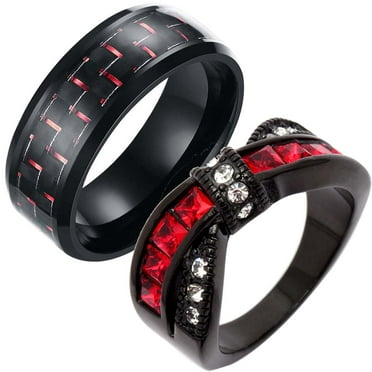 Black Crown Matching Rings Couple Ring Red 1CT CZ Women Wedding Ring ...