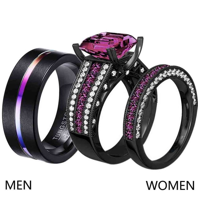 Matching Ring Couple Rings Black Gold Plated 1.5CT Purple CZ Women ...