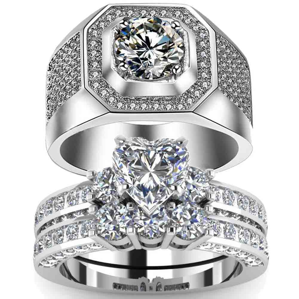 Matching Ring Couple Rings White Gold Plated 1CT CZ Women Wedding Ring ...