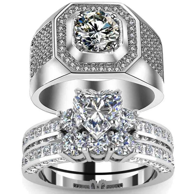 Matching Ring Couple Rings White Gold Plated 1CT CZ Women Wedding Ring ...