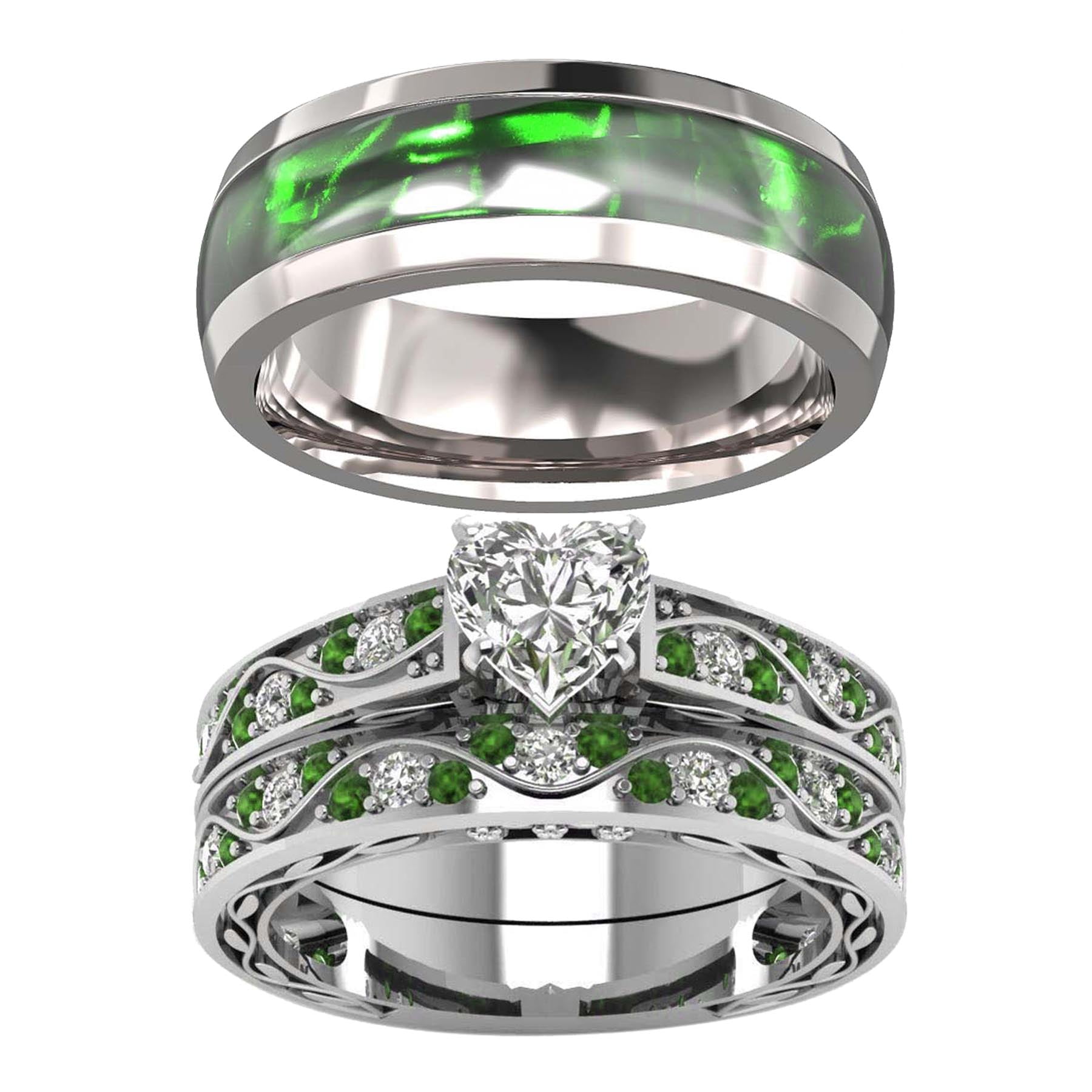 Matching Ring Couple Rings White Gold Plated 1CT CZ Women Wedding Ring ...