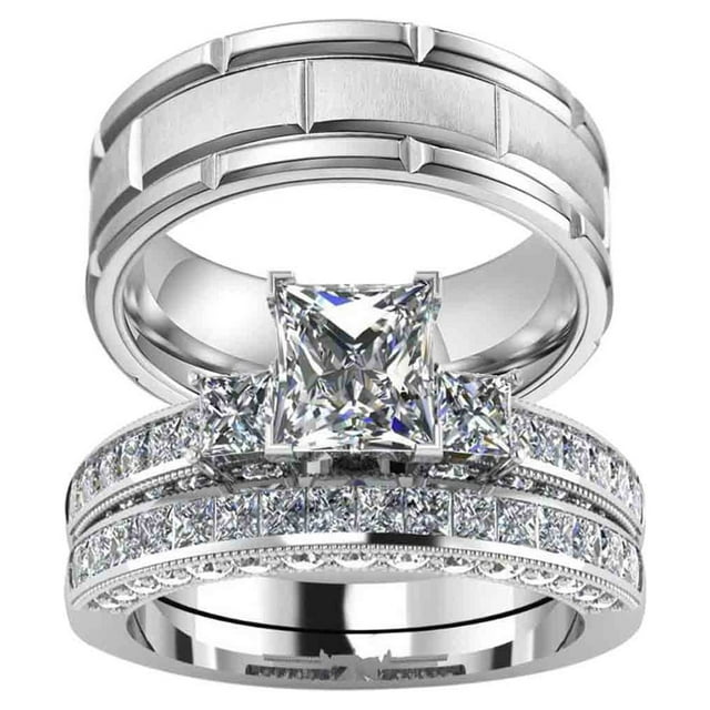 Matching Ring Couple Rings White Gold Plated 2CT CZ Women Wedding Ring ...