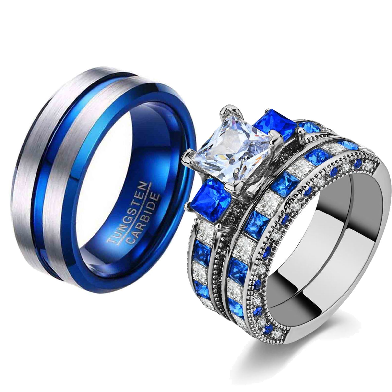 Matching Ring Couple Rings White Gold Plated 3CT CZ Women Wedding Ring ...