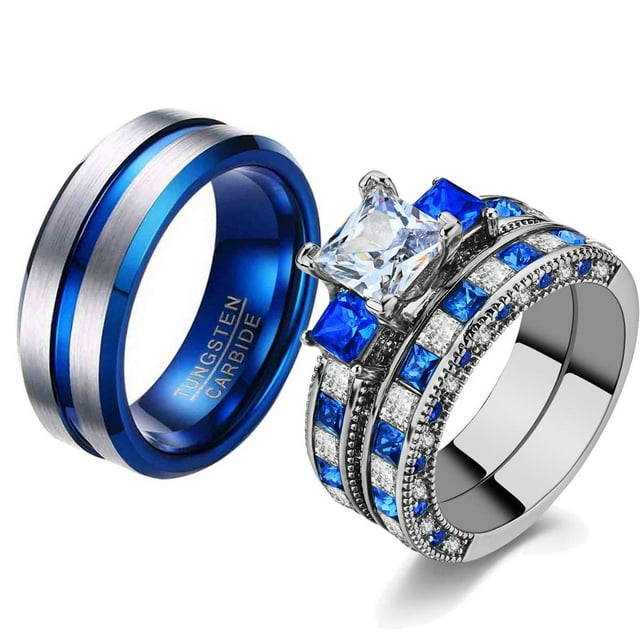 Matching Ring Couple Rings White Gold Plated 3CT CZ Women Wedding Ring ...