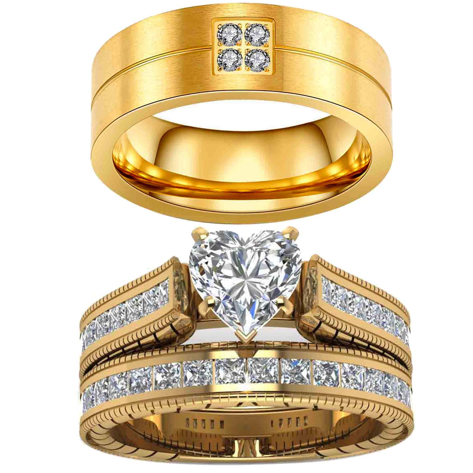 Matching Ring Couple Rings Yellow Gold Plated 1CT Heart CZ Wedding Ring ...