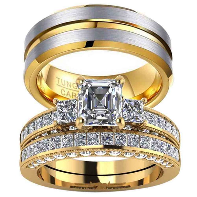 Matching Ring Couple Rings Yellow Gold Plated 2CT CZ Women Wedding Ring ...