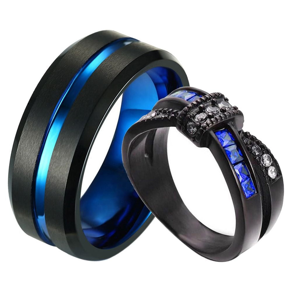 Matching Rings Couple Ring Black Gold Plated 1CT Blue CZ Women Wedding ...