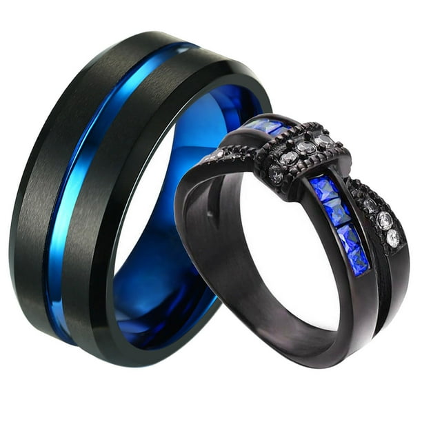 Matching Rings Couple Ring Black Gold Plated 1CT Blue CZ Women Wedding ...