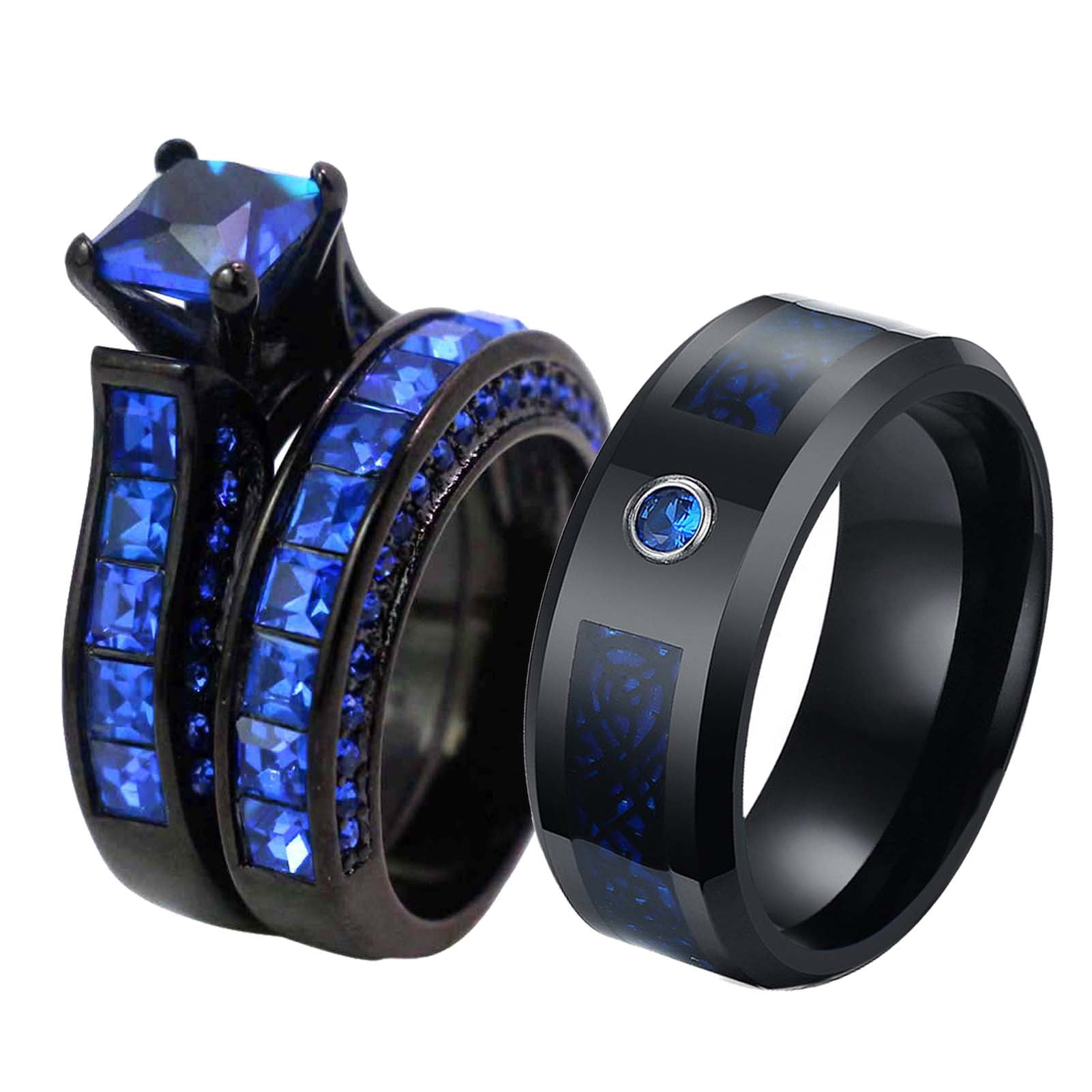 Matching Rings Couple Ring Black Gold Plated Princess cut 1CT Blue CZ ...