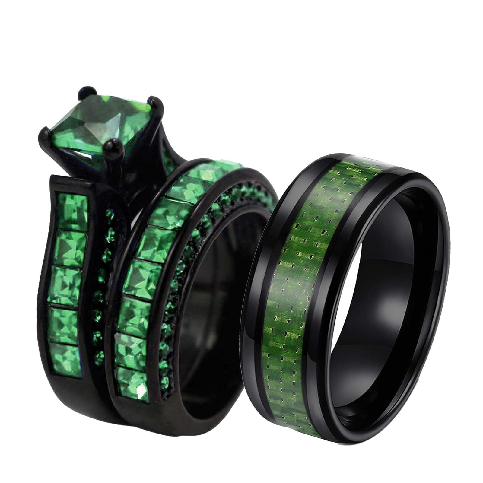 Matching Rings Couple Ring Black Gold Plated Princess cut 1CT Green CZ ...
