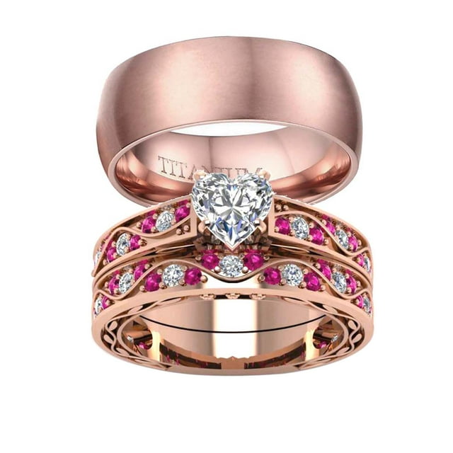Matching Rings Couple Ring Rose Gold Plated 1CT Heart CZ Women Wedding Ring Sets Female ...
