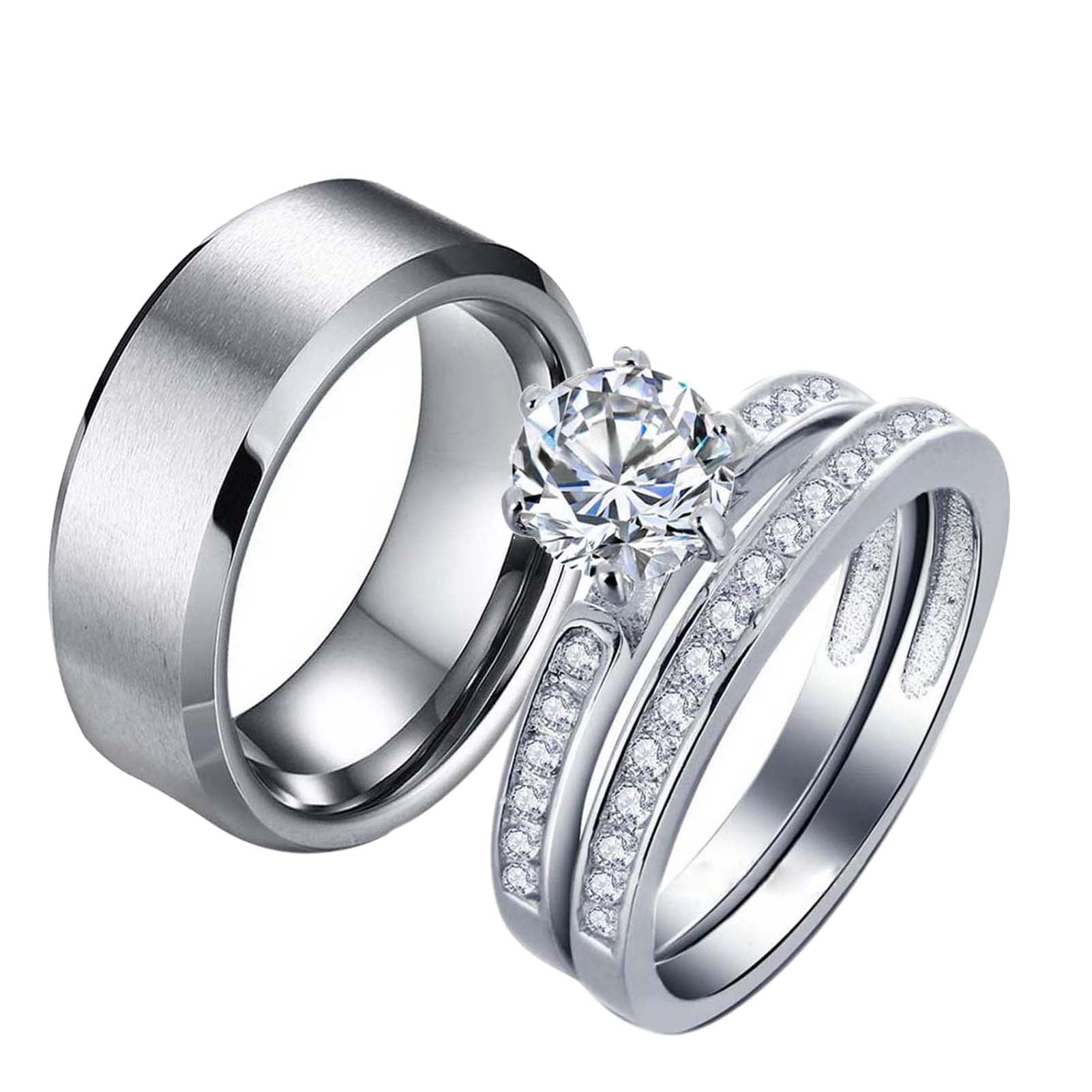 Matching Rings Couple Rings 10kt White Gold Plated CZ Wedding Ring Set ...