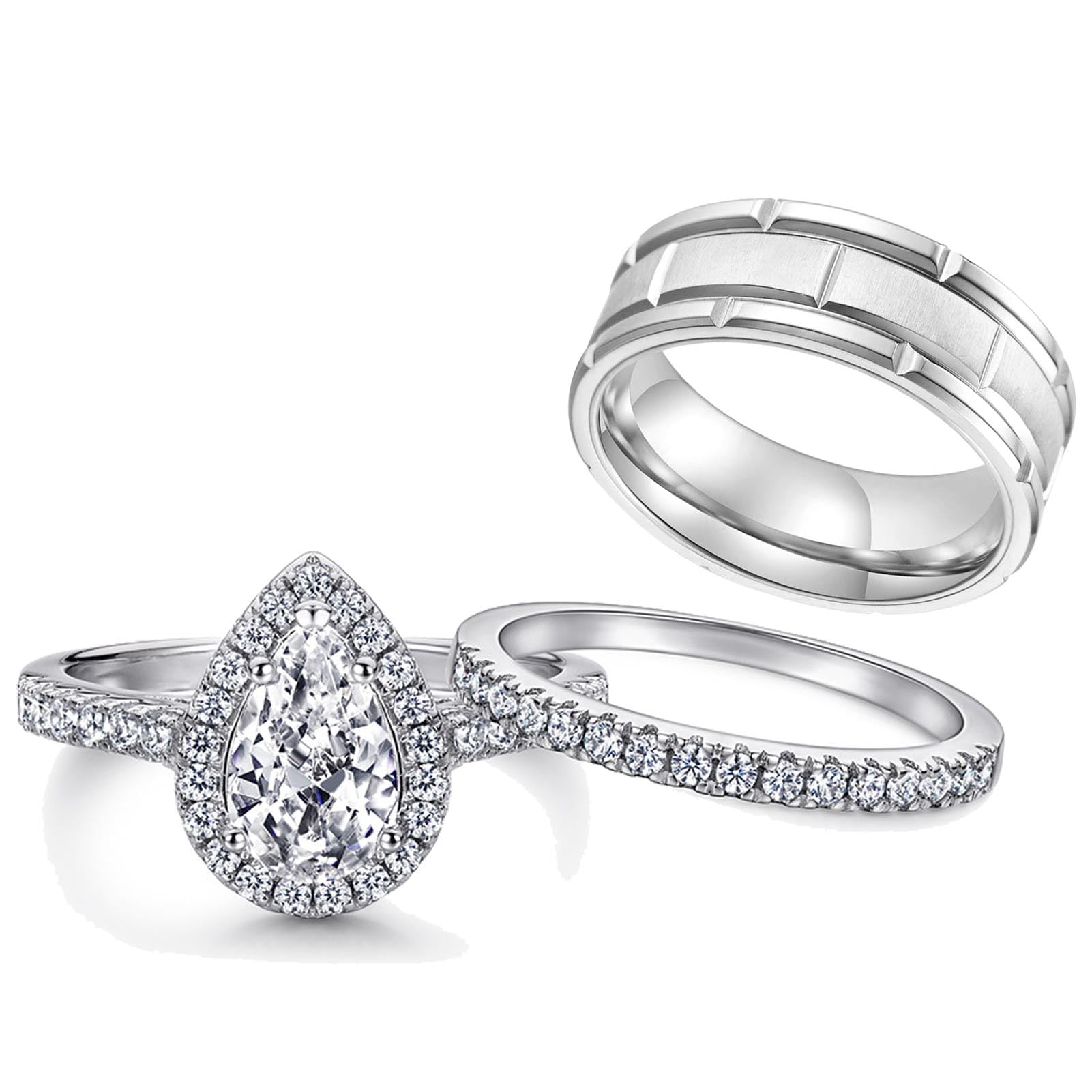 Matching Rings Couple Rings 10kt White Gold Plated CZ Wedding Ring Set ...