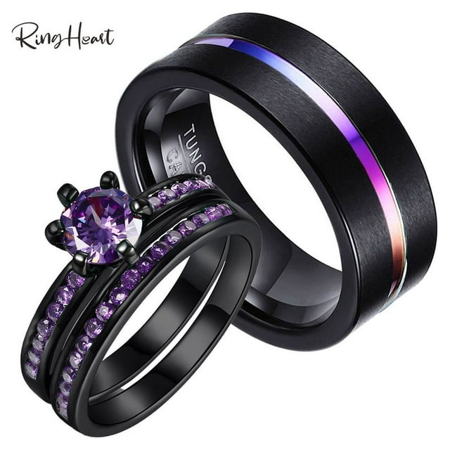 Matching Rings Couple Rings Black Gold Plated 1CT Purple Cz Women ...