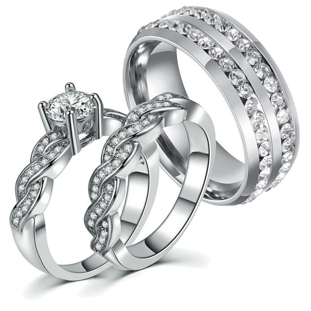 Matching Rings White Gold Plated Couple Rings CZ Wedding Ring Sets for Him and Her - Walmart.com