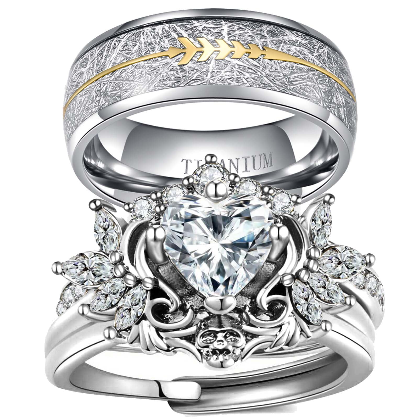 Matching Rings White Gold Plated Couple Rings Wings 1CT Heart Red CZ ...