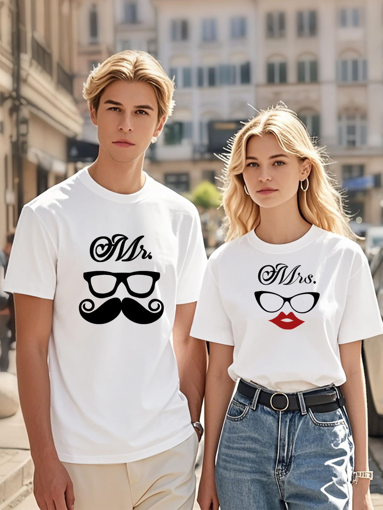 His & Hers Matching Tees - Mr Mustache & Mrs Red Lips Glasses Print, Casual Round Neck Short ...