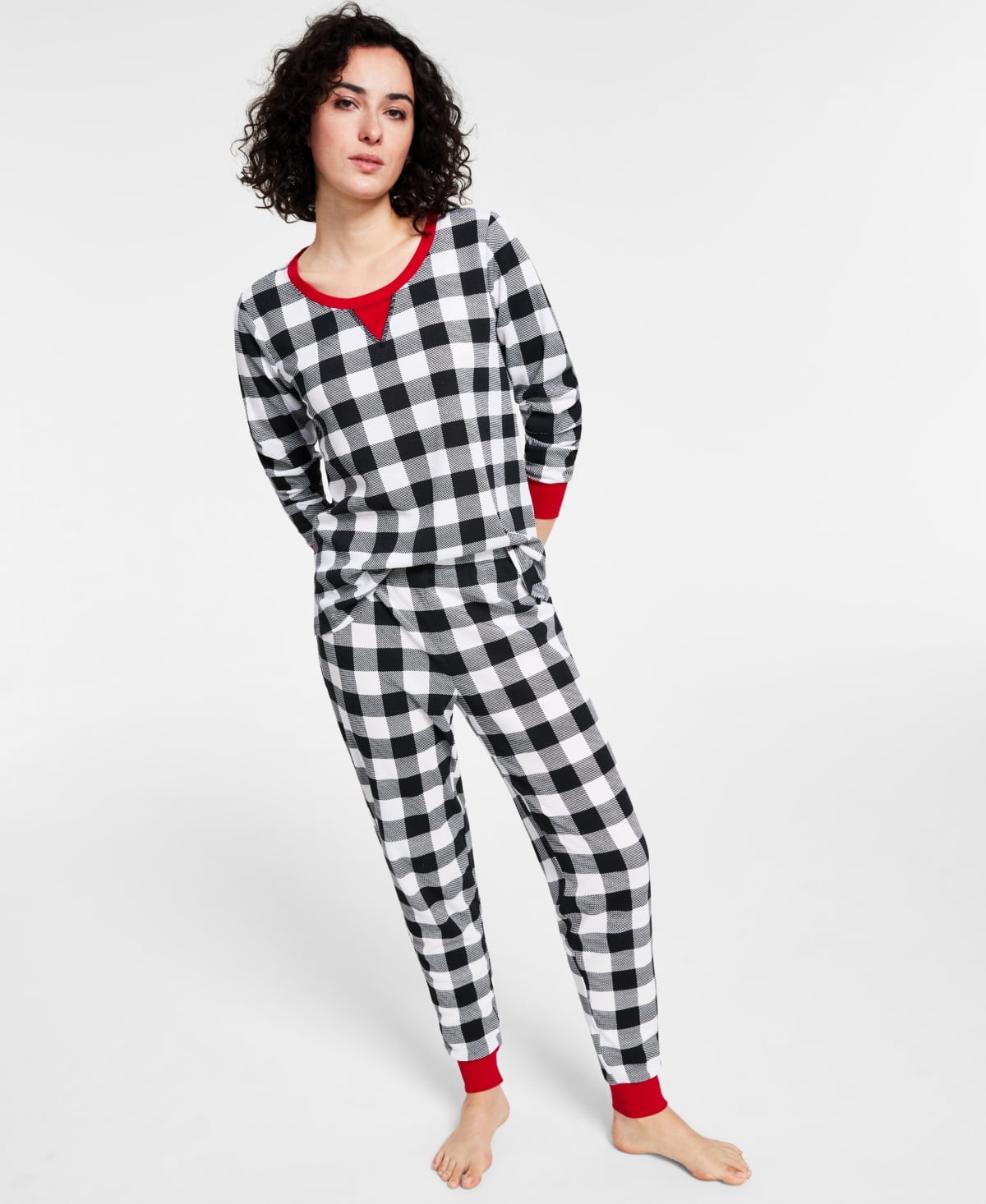 Matching Womens Thermal Waffle Buffalo Check Pajama Set Black And White ...