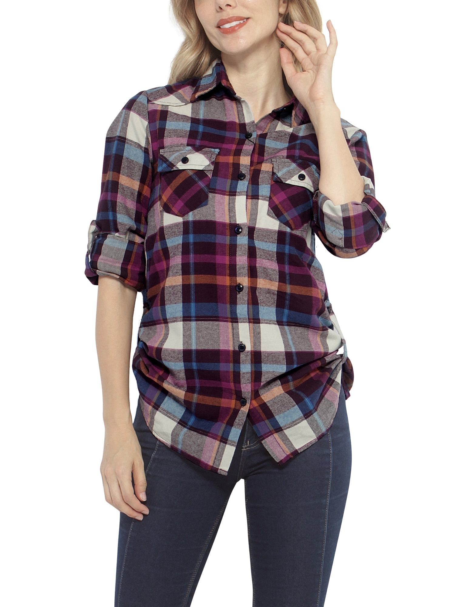Matchstick Women Long Sleeve Flannel Plaid Checked Shirt (XS-XXL ...