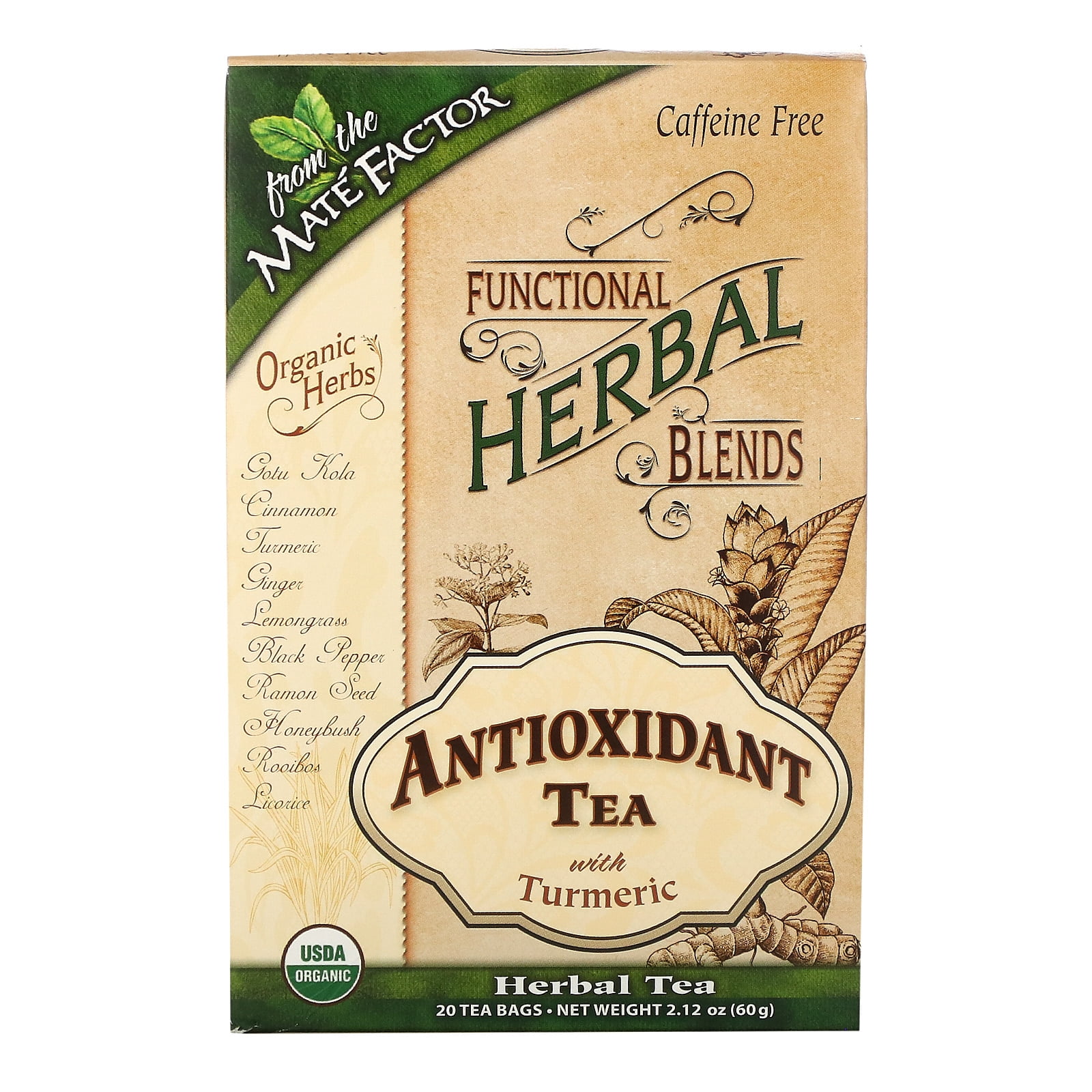 Mate Factor Antioxidant Tea with Turmeric, Caffeine Free, 20 Tea Bags ...