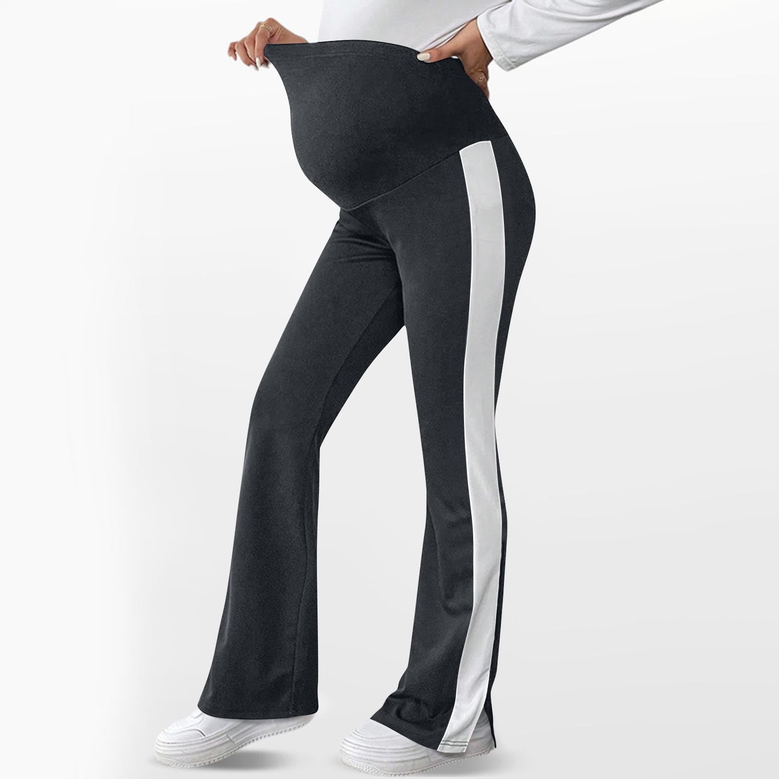 Maternity Black Color-Block Wide-Leg Pants, Belly Support, High Waist ...