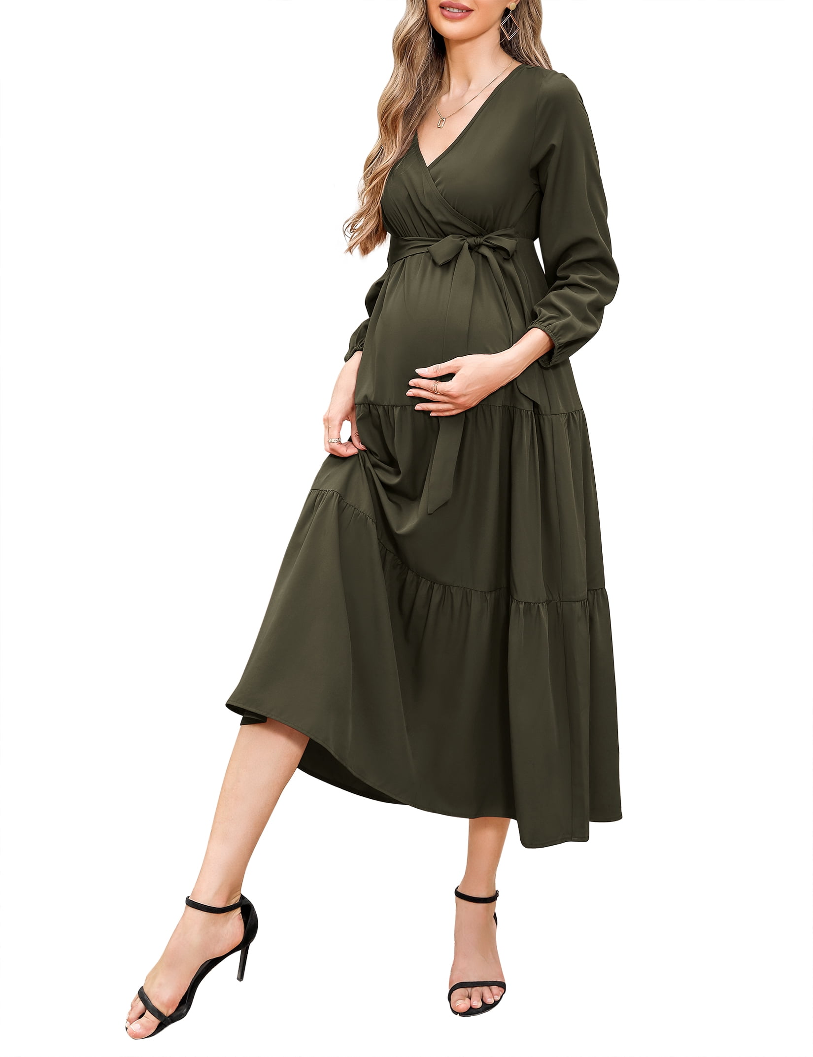 Maternity Dress Women's V-Neck Maternity Maxi Dress with Belt Baby ...