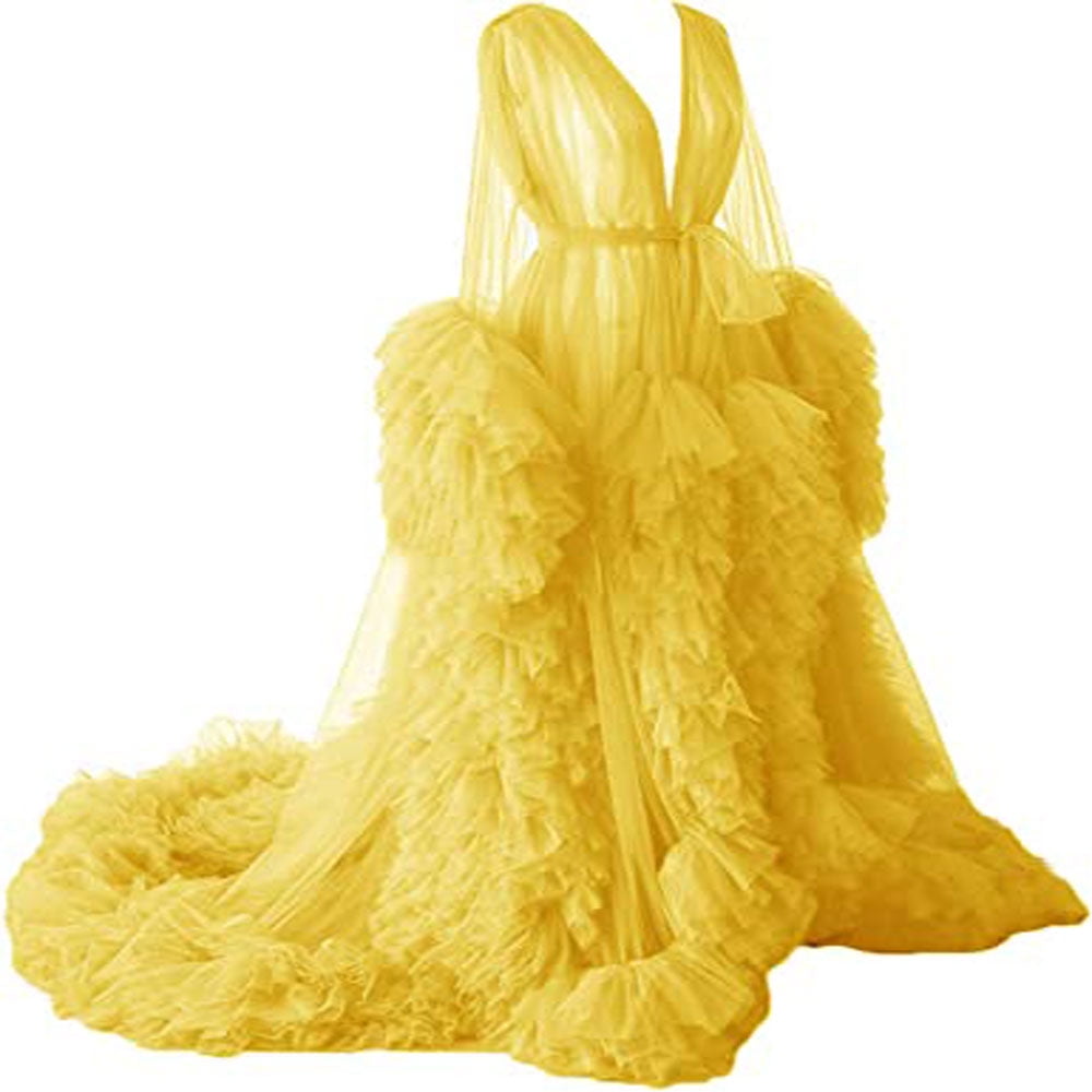 Maternity Dresses Pregnant Gowns Yellow Size S Long Sleeves Robe Tulle ...