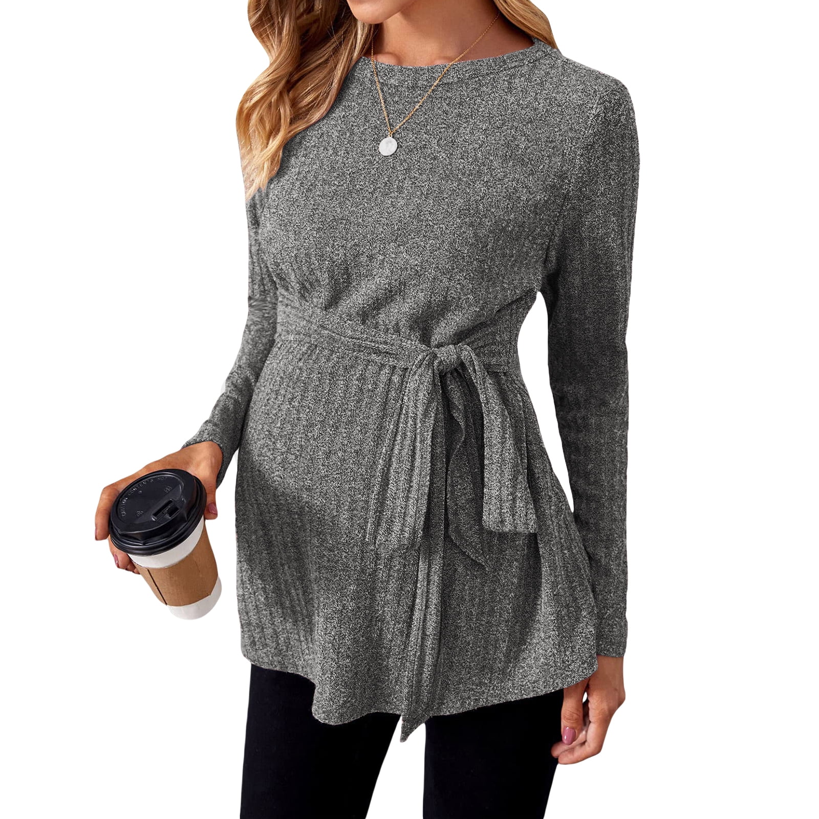 Customer reviews for Maternity Long Sleeve Shirt Solid Color Tie Knot ...