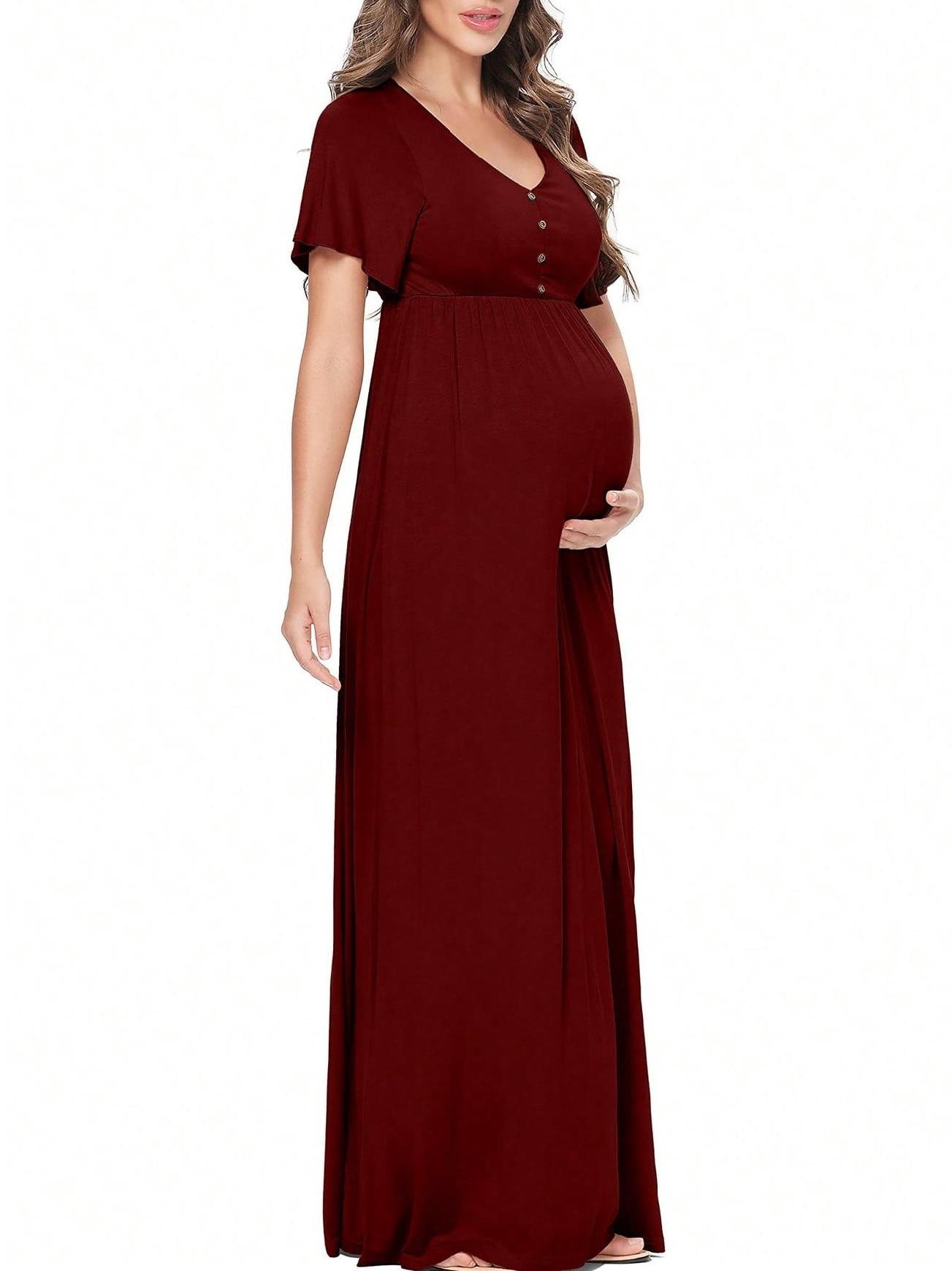 Maternity Maxi Dress Summer Short Sleeve Deep V Neck Decorative Buttons ...