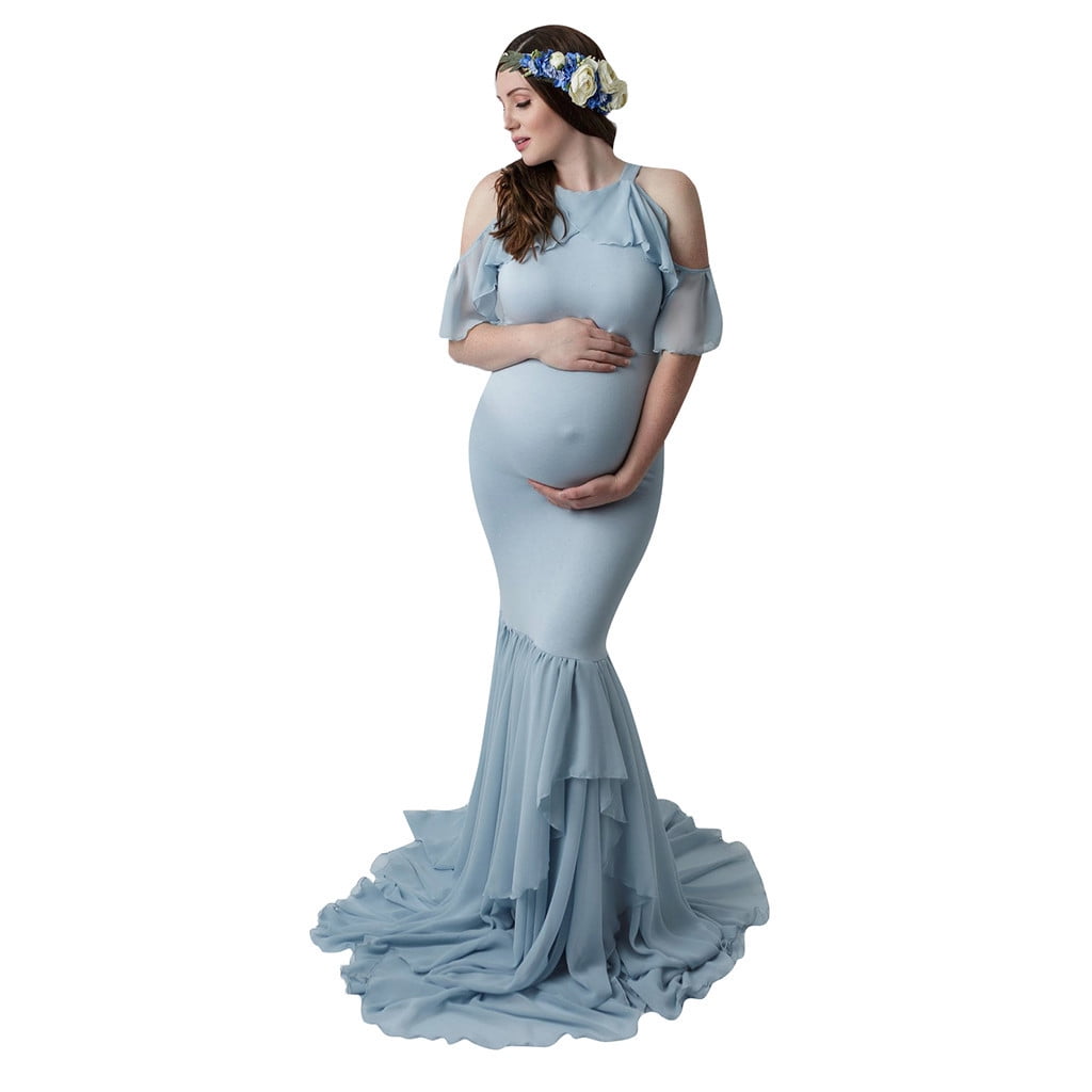 Maternity Off Shoulder Ruffle Sleeve Lace Women's Gown Maxi Photography ...