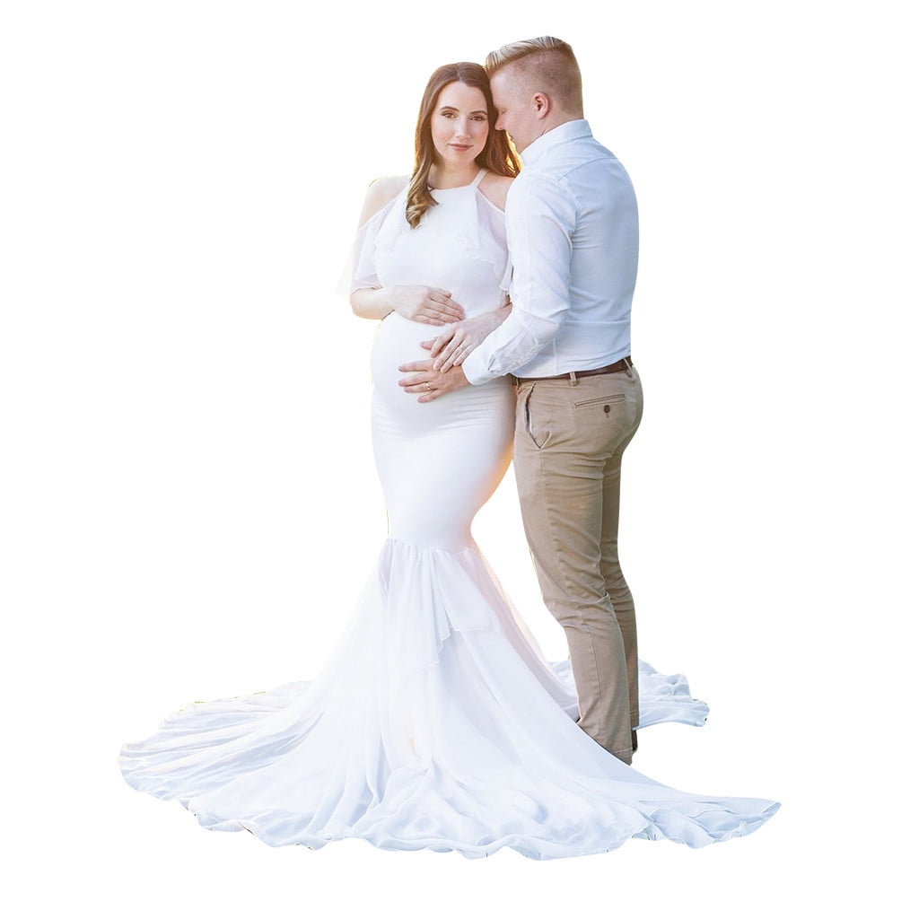 Maternity Off Shoulder Ruffle Sleeve Lace Women's Gown Maxi Photography ...