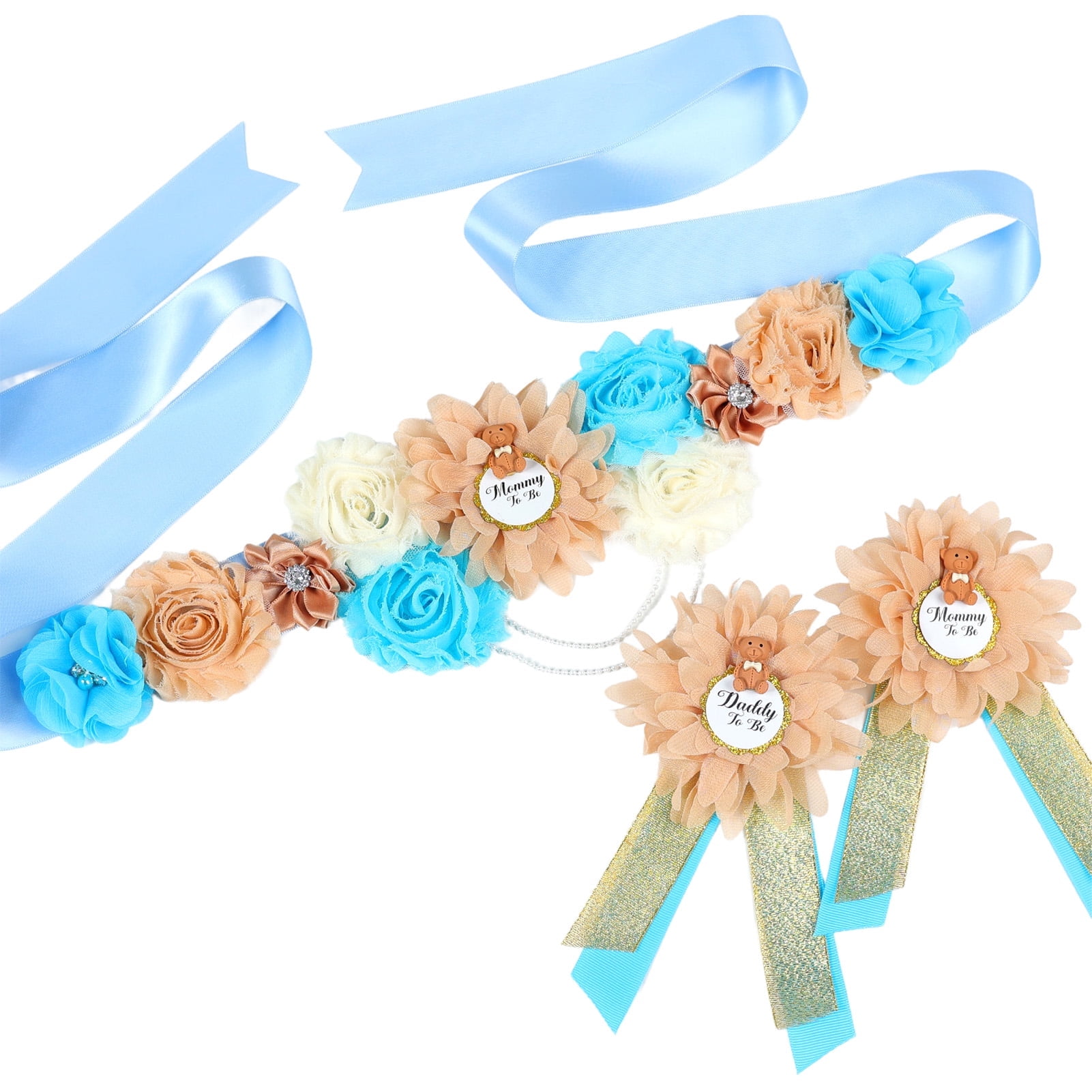 Maternity Sash,Mommy&Daddy to Be Corsage Pins with Blue Floral Sash for ...