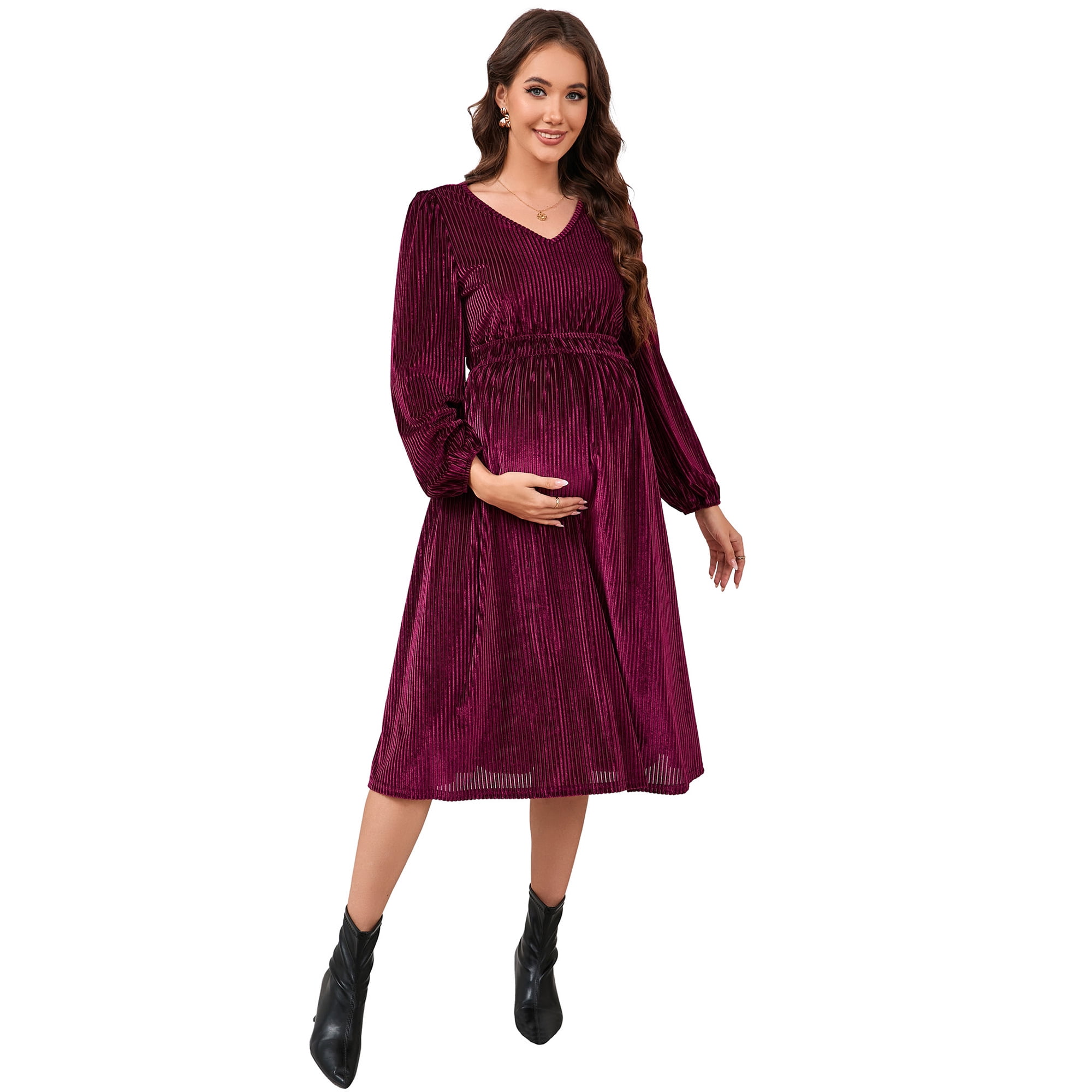 Maternity Velvet Dresses V Neck Long Sleeve High Waisted Solid Midi ...