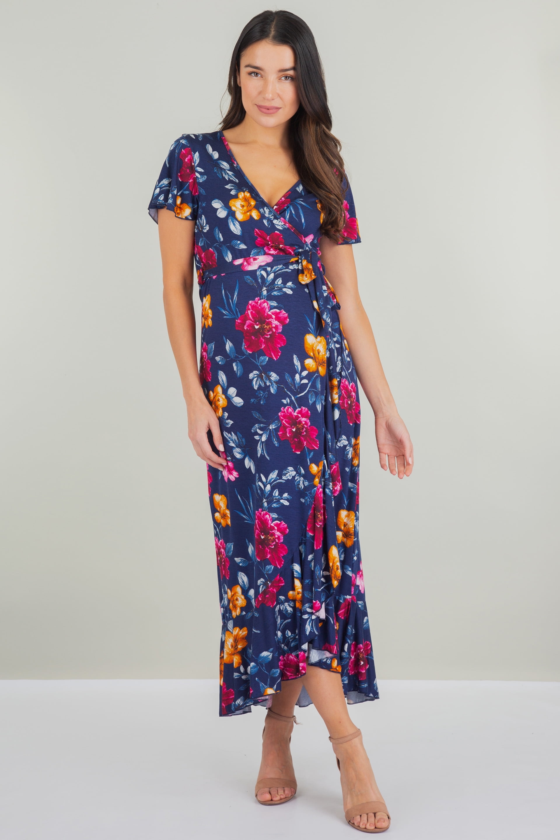 Maternity and Nursing Butterfly Sleeve Dress with Ruffles - Walmart.com